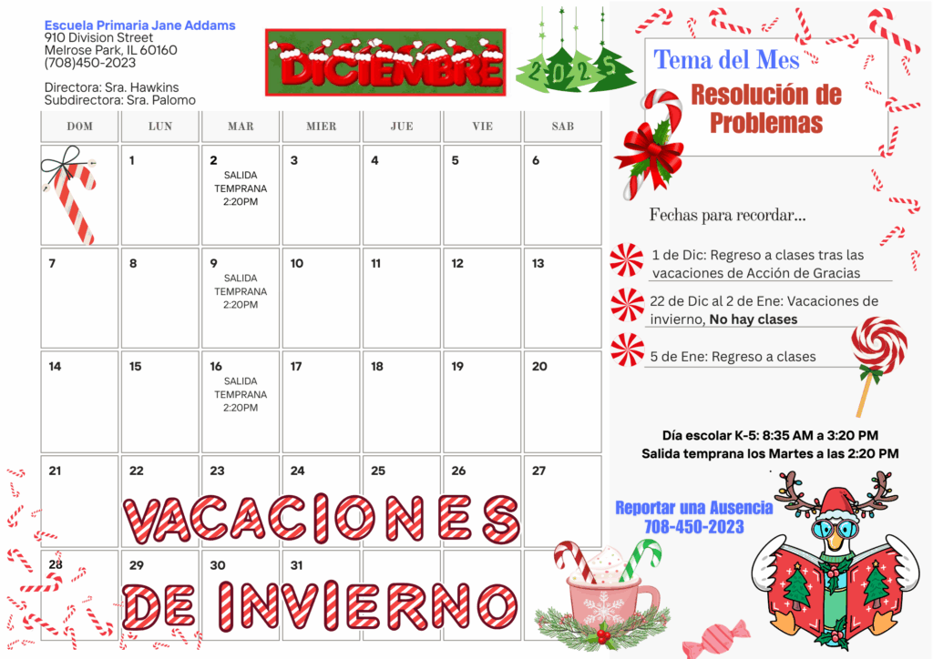 Jane Addams Elementary School - December Calendar and Menus